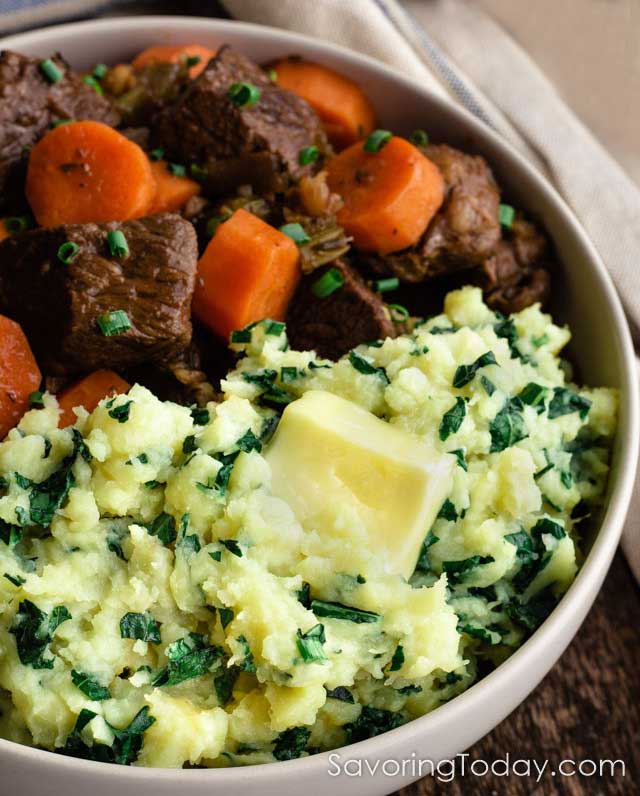 Guinness Irish Beef Stew with Sweet Potato Colcannon | Savoring Today