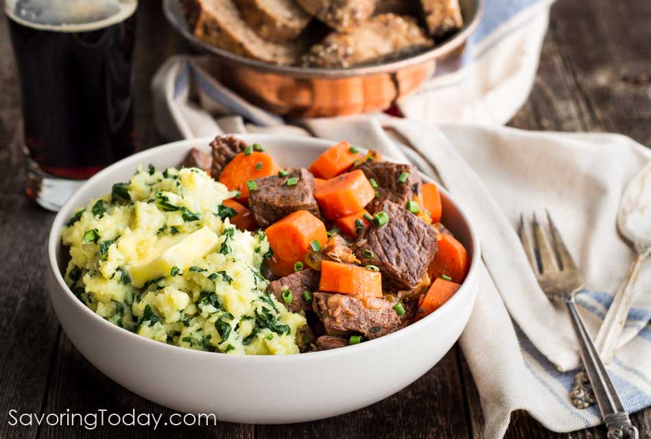 Guinness Irish Beef Stew with Sweet Potato Colcannon | Savoring Today