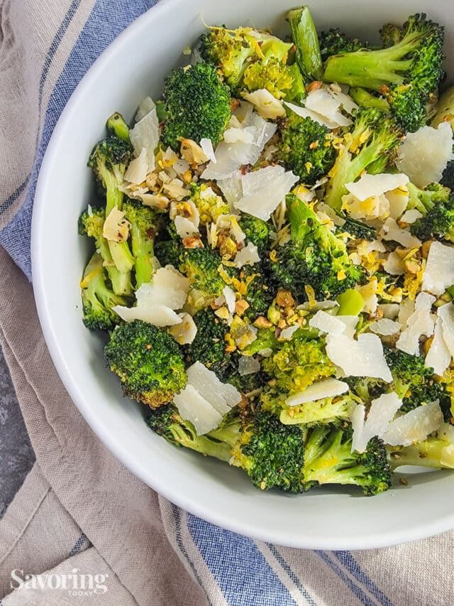 Tuscan Roasted Broccoli with Parmesan, Lemon, & Pistachios