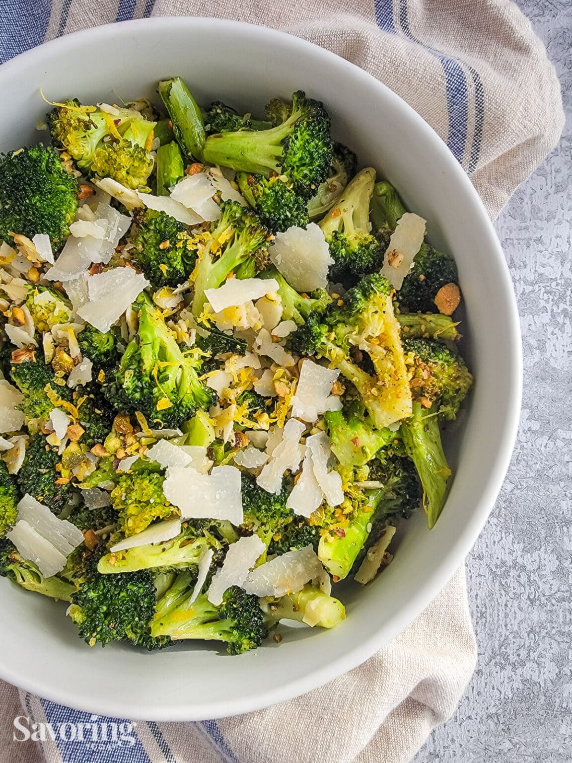 Tuscan Roasted Broccoli with Parmesan, Lemon, & Pistachios